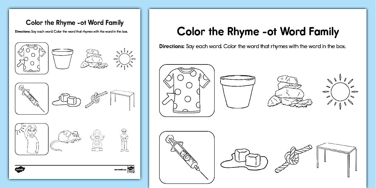 Color the Rhyme -ot Word Family Worksheet (teacher made)