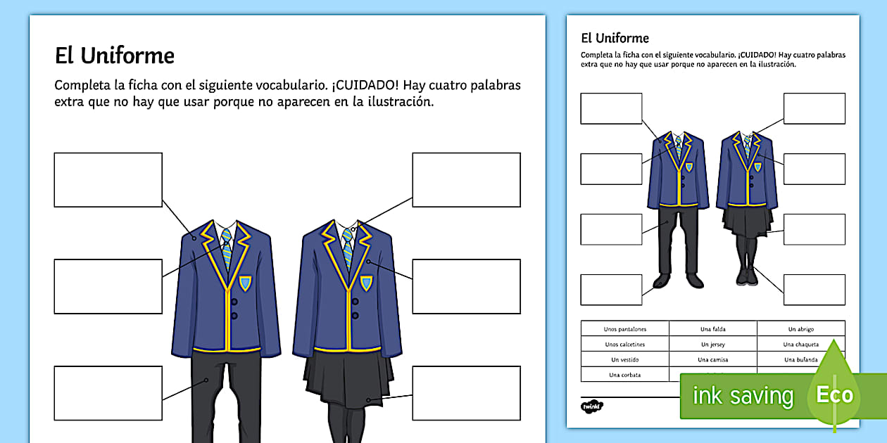 School Uniform Worksheet / Worksheet Spanish (teacher made)