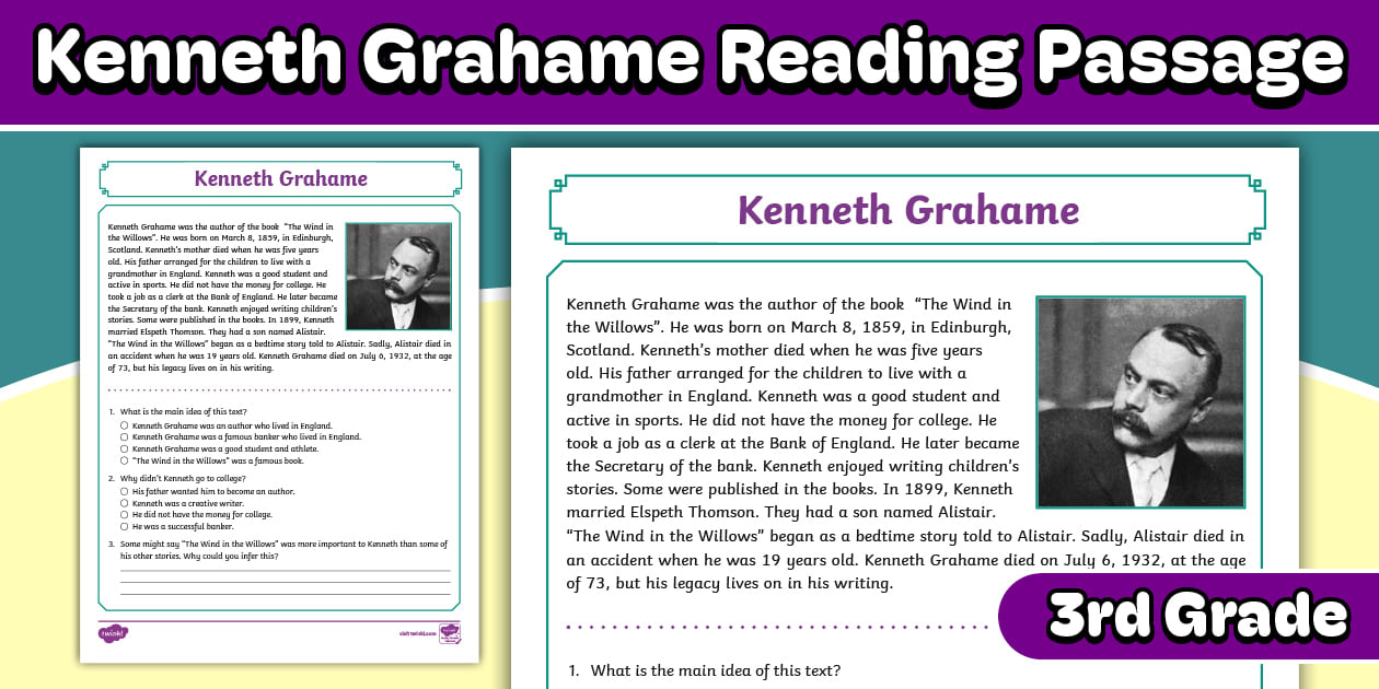 * NEW * Third Grade Kenneth Grahame Reading Comprehension Worksheet