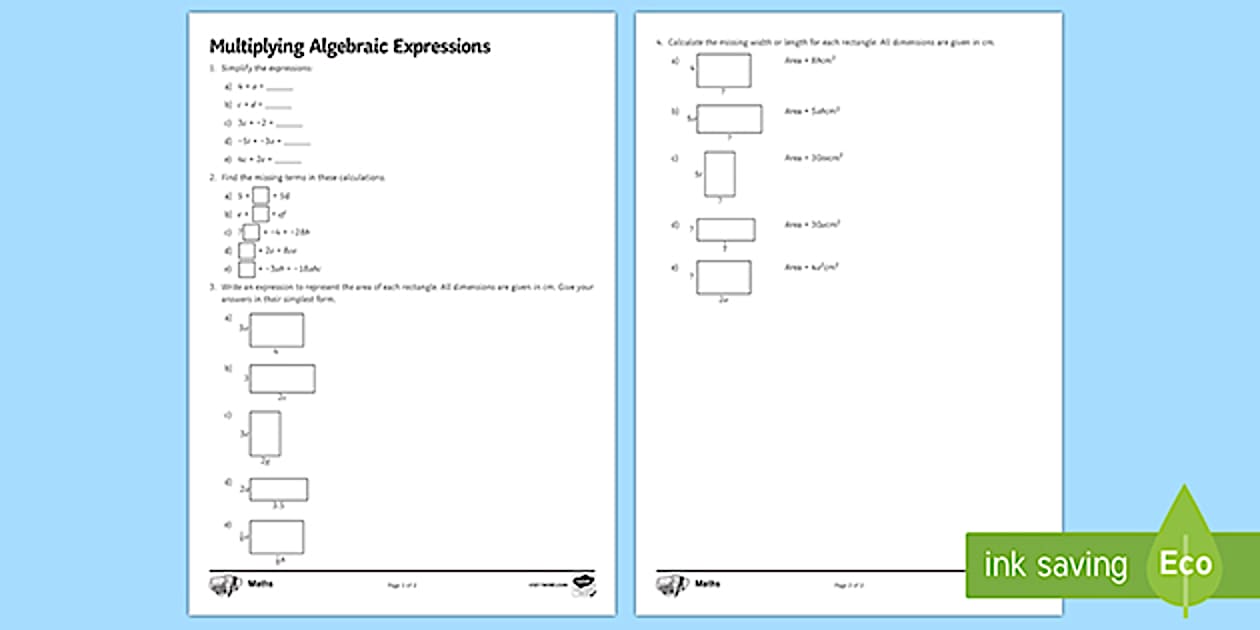 Multiplying Algebraic Expressions Worksheet - Twinkl