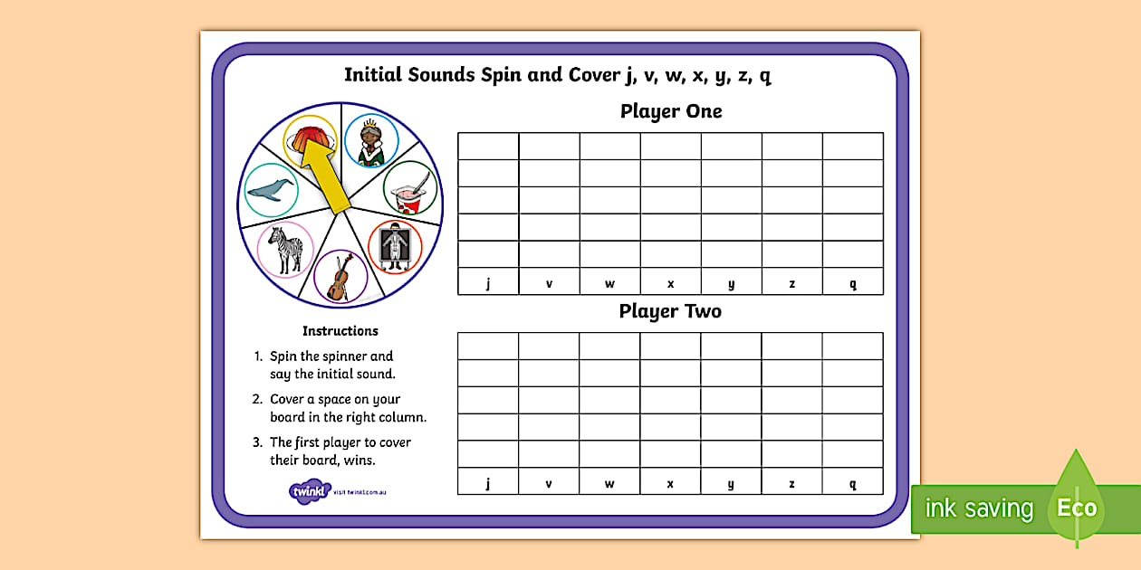 QLD Initial Sound Spin and Cover 'j, v, w, x, y, z, q' Board Game