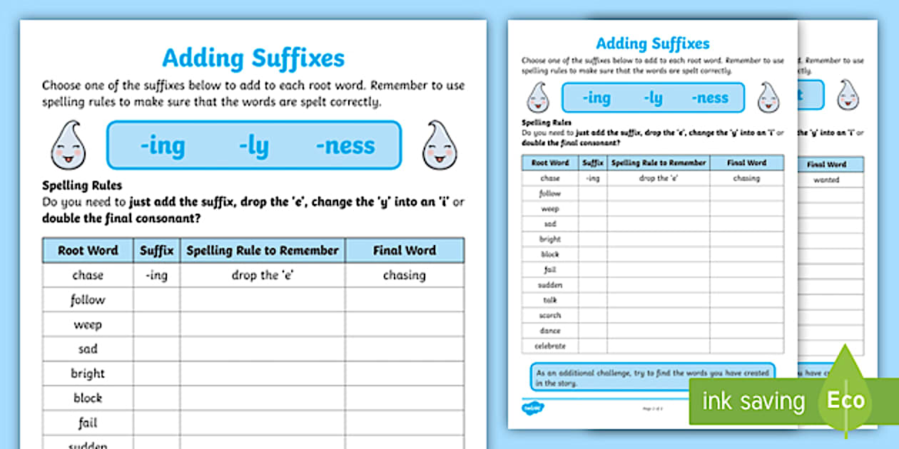 Suffixes Worksheets to Support the Teaching of Lila and the Secret of Rain