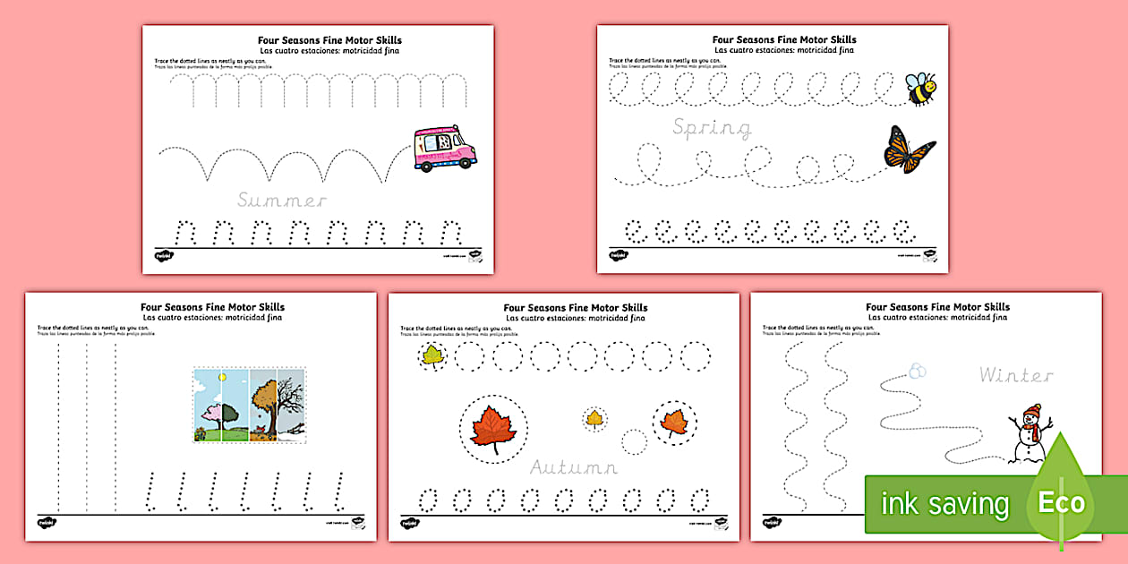 Four Seasons Fine Motor Skills Worksheet / Worksheet Pack English/Spanish