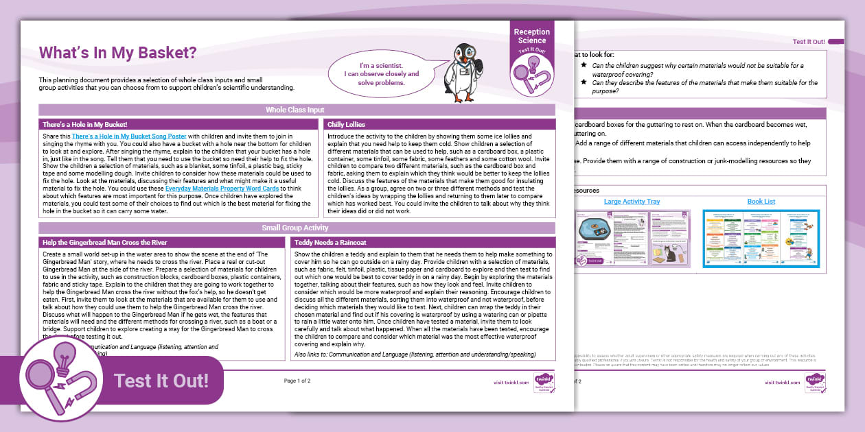 EYFS Planning: Test It Out! Reception White Rose Science