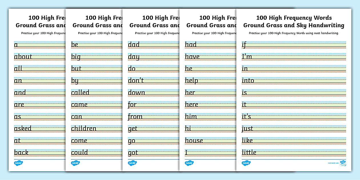 100 High Frequency Words Ground Grass and Sky Handwriting Worksheets