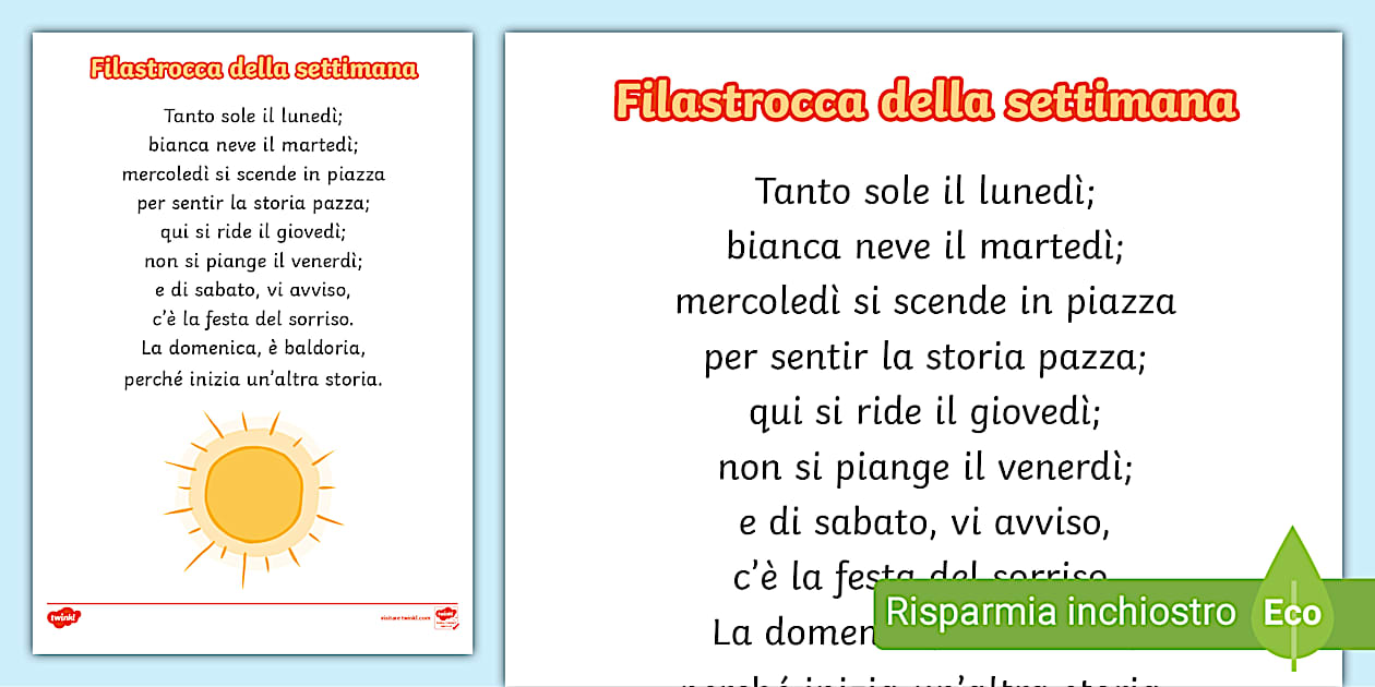 Filastrocca giorni della settimana - Twinkl