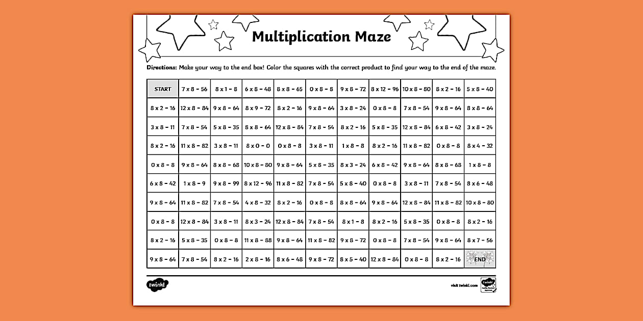 Math Multiplication Maze x 8 Activity for 3rd-5th Grade
