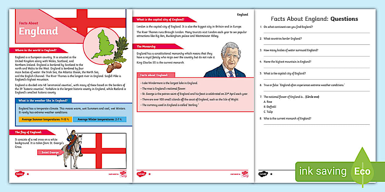Facts About England Differentiated Reading Comprehension Activity