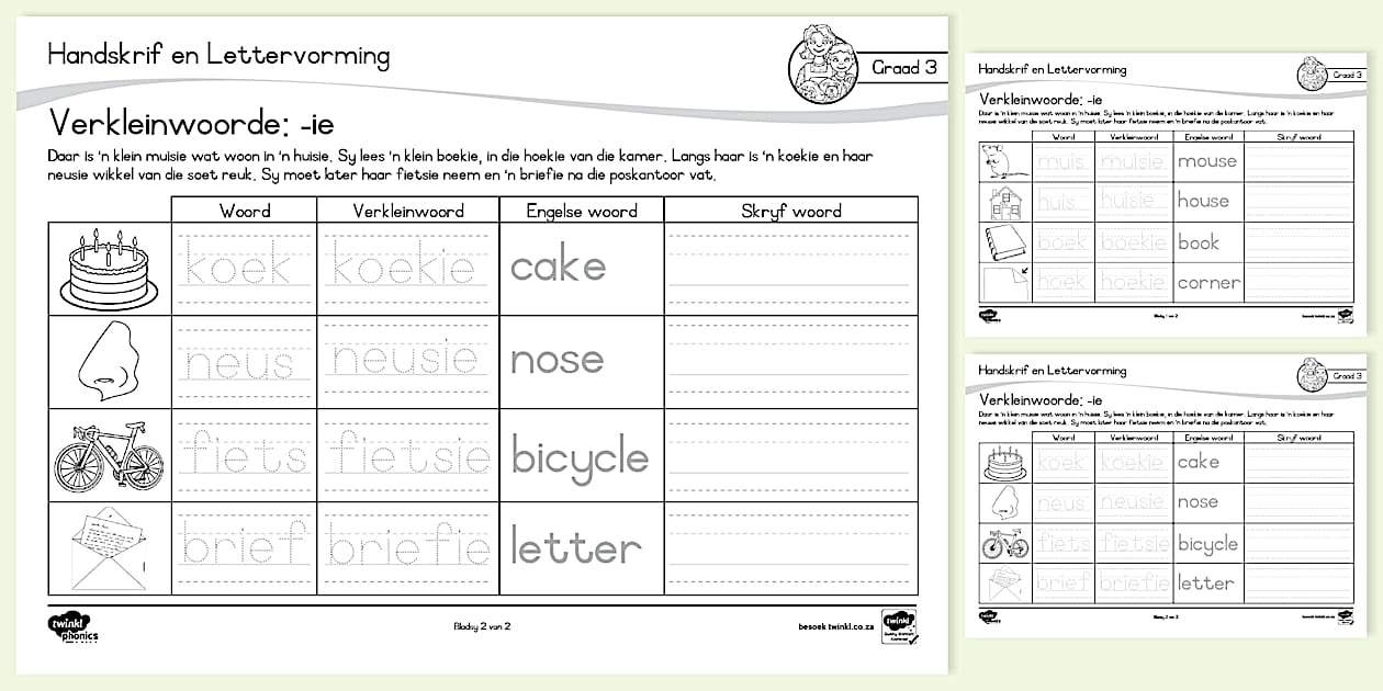 Graad 3 klanke handskrif verkleinwoorde 'ie' - Twinkl