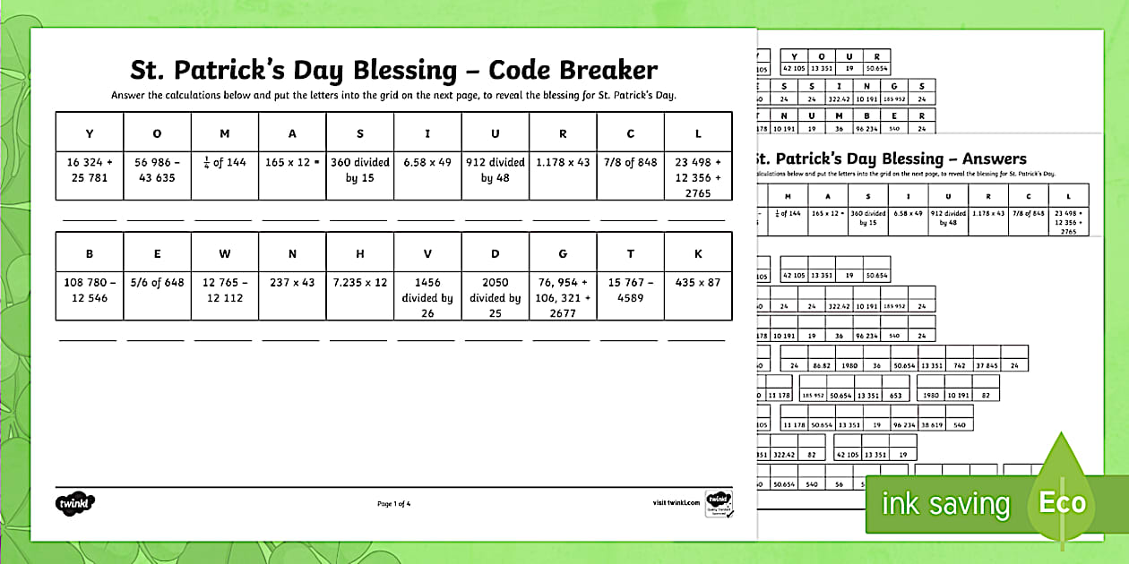St. Patrick's Day Code Breaker Worksheet / Worksheet