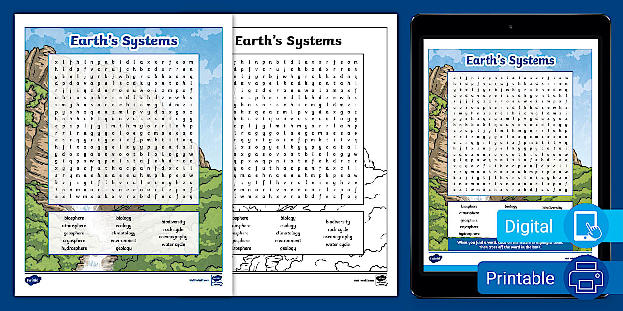 Earth Systems Word Search for 6th-8th Grade (teacher made)