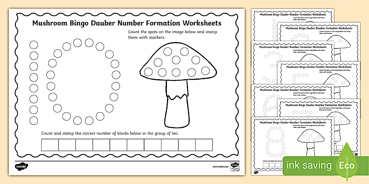 Mushroom Bingo Dauber Number Formation Worksheets - Twinkl