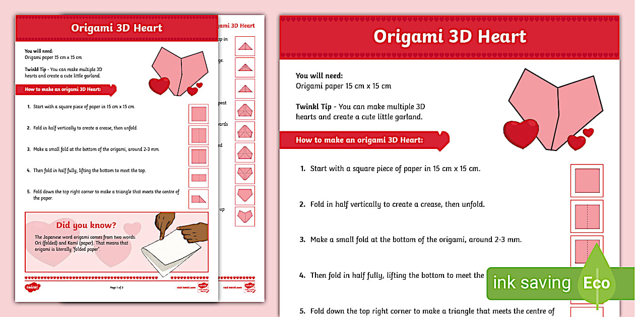 Origami Heart 3D Craft (teacher made) - Twinkl