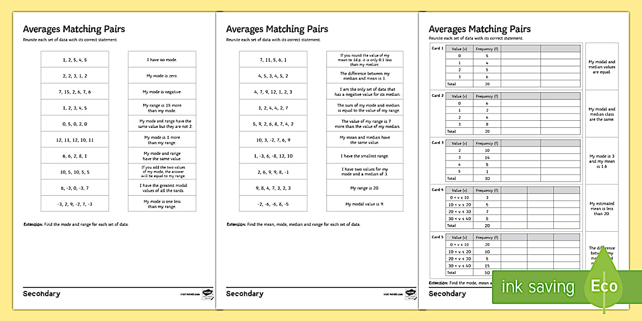 Averages Matching Pairs Worksheets | KS3 Maths | Beyond