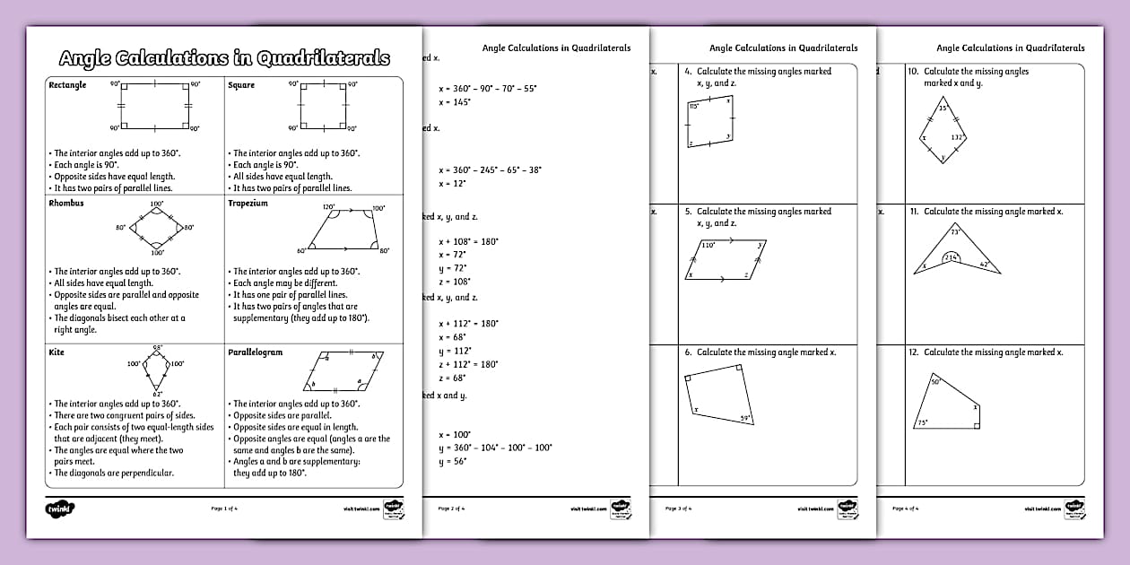 Seventh Grade Angle Calculations in Quadrilaterals - Twinkl