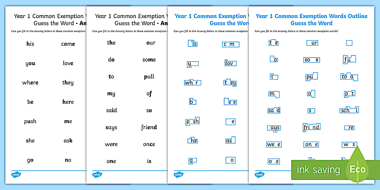 Editable Year 1 Common Exception Words Outline Guess the Word Worksheet