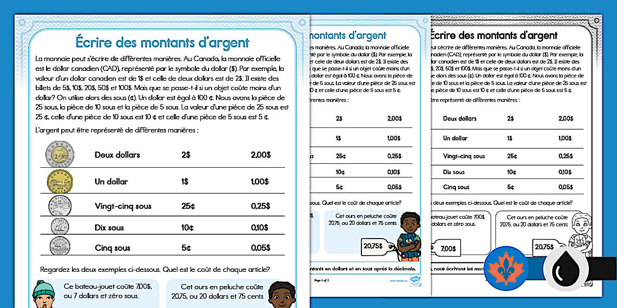 Canadian Money and Decimals Worksheet French