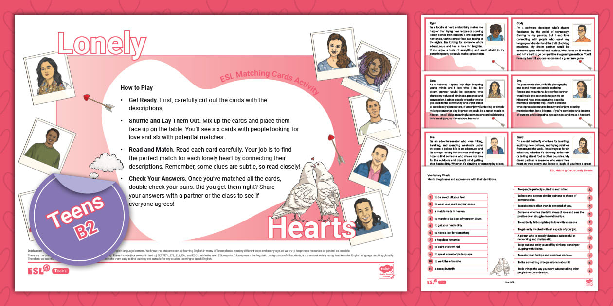 ESL Lonely Hearts Matching Cards for Teens (Teacher-Made)