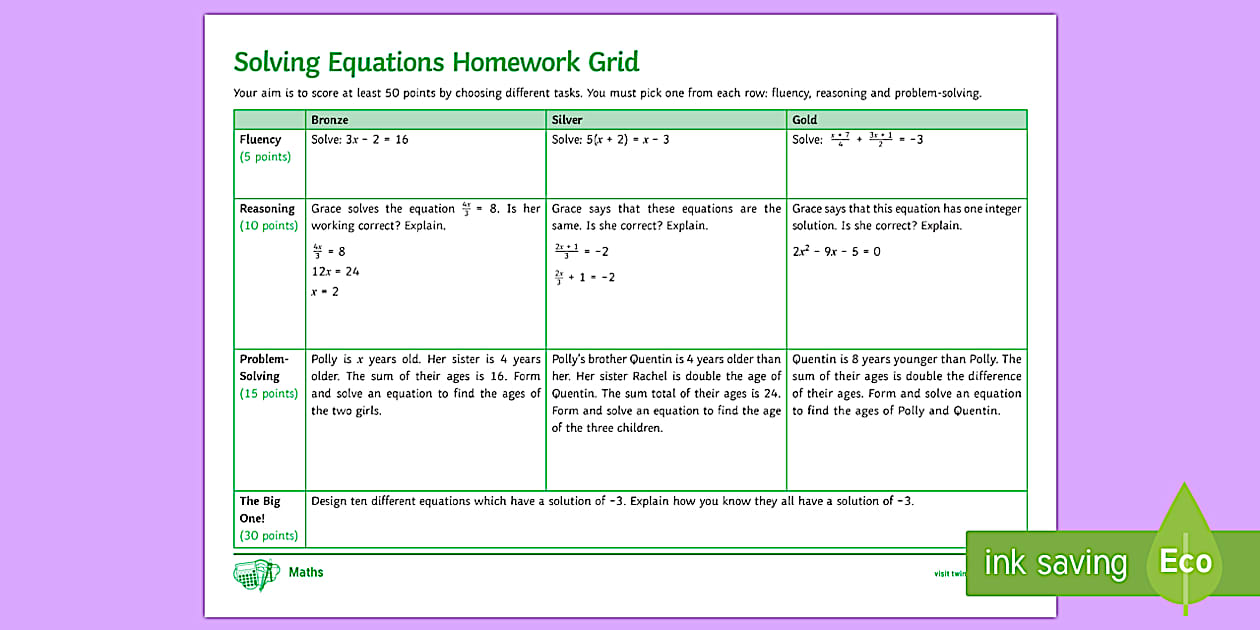 Homework Grid: Solving Equations Worksheet | KS3 Maths