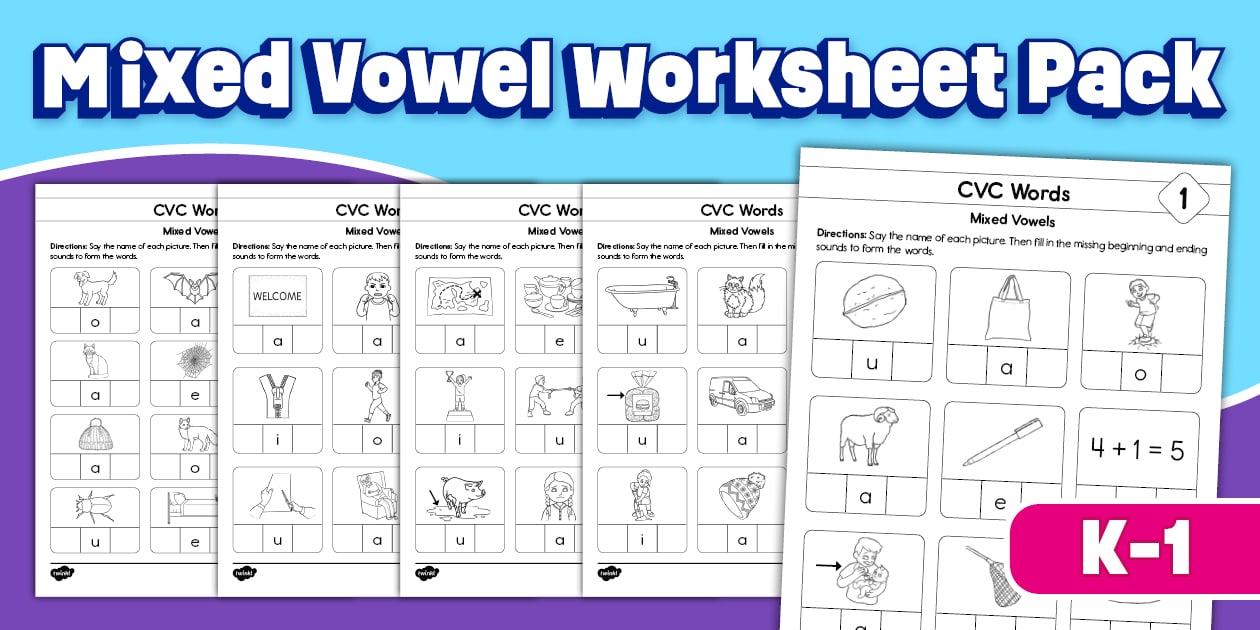 CVC Words Beginning and Ending Mixed Vowel Worksheet Pack for K-1st Grade