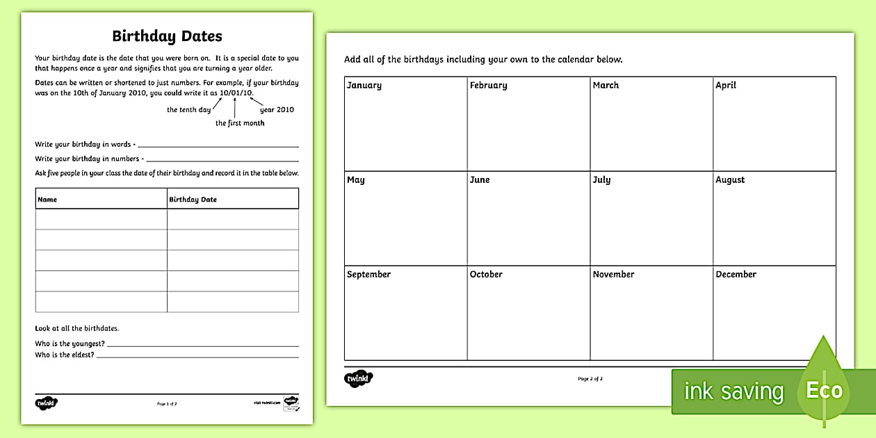Birthday Dates Worksheet / Worksheet (teacher made) - Twinkl