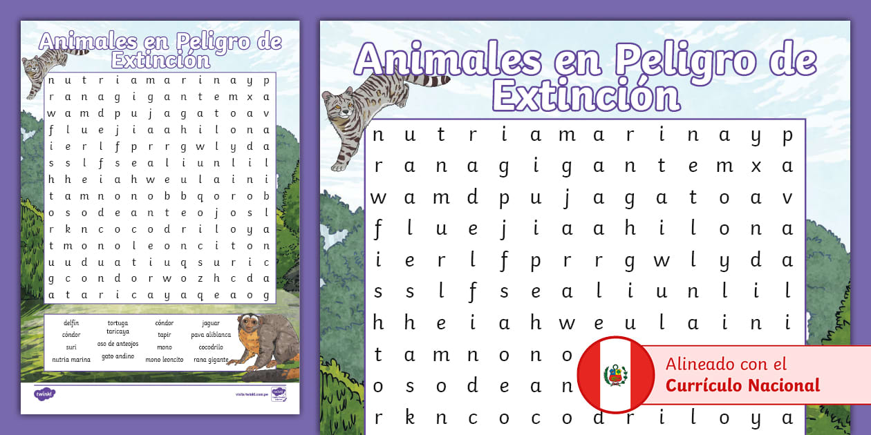 Sopa de letras de Animales del Perú en Peligro de Extinción para ...