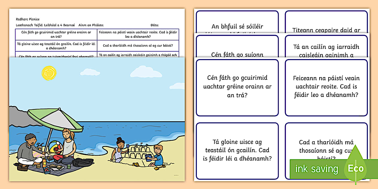 Picnic Scene Blanks Level 4 Questions Gaeilge - Twinkl