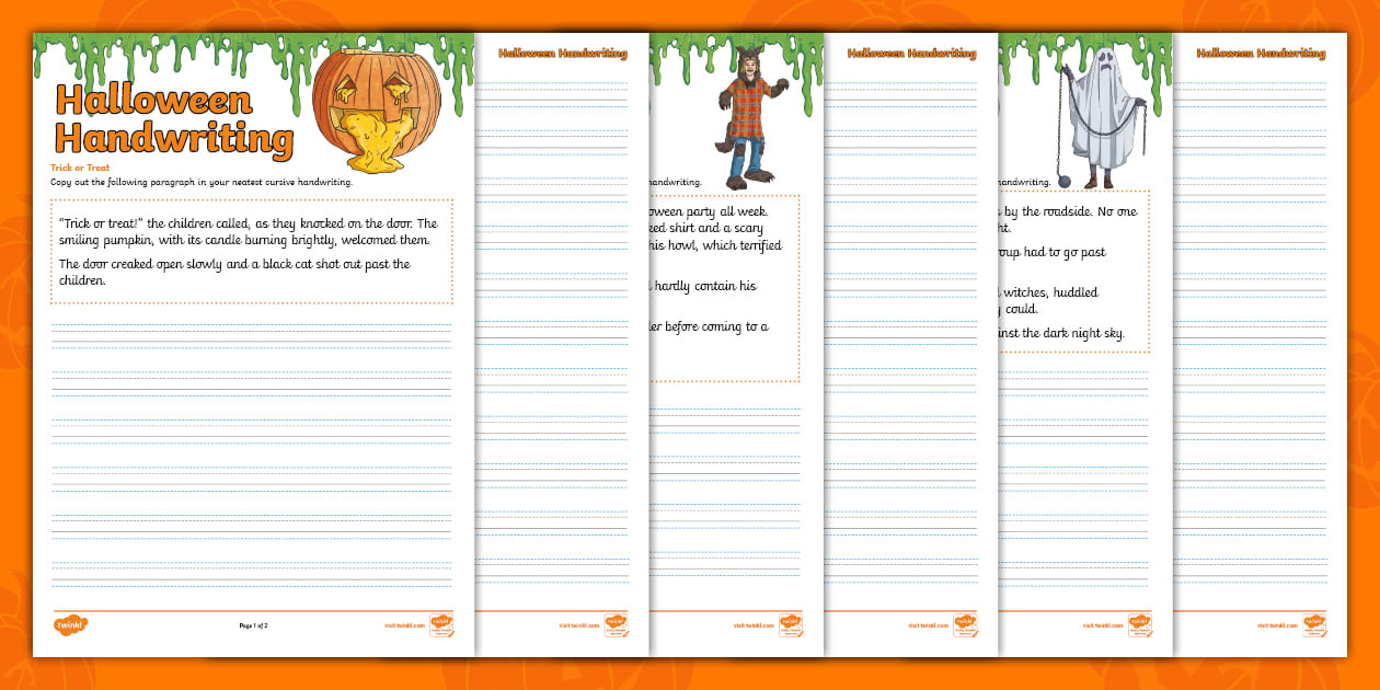 Halloween Handwriting Practice Cursive Paragraphs - Twinkl