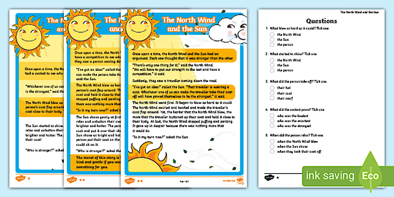 KS1 The North Wind and the Sun: Aesop's Fable Comprehension