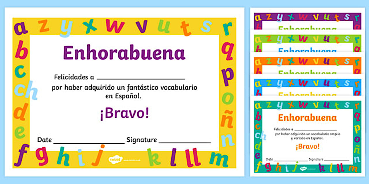 Editable Spanish End of Year Vocabulary Award Certificate Spanish / Español