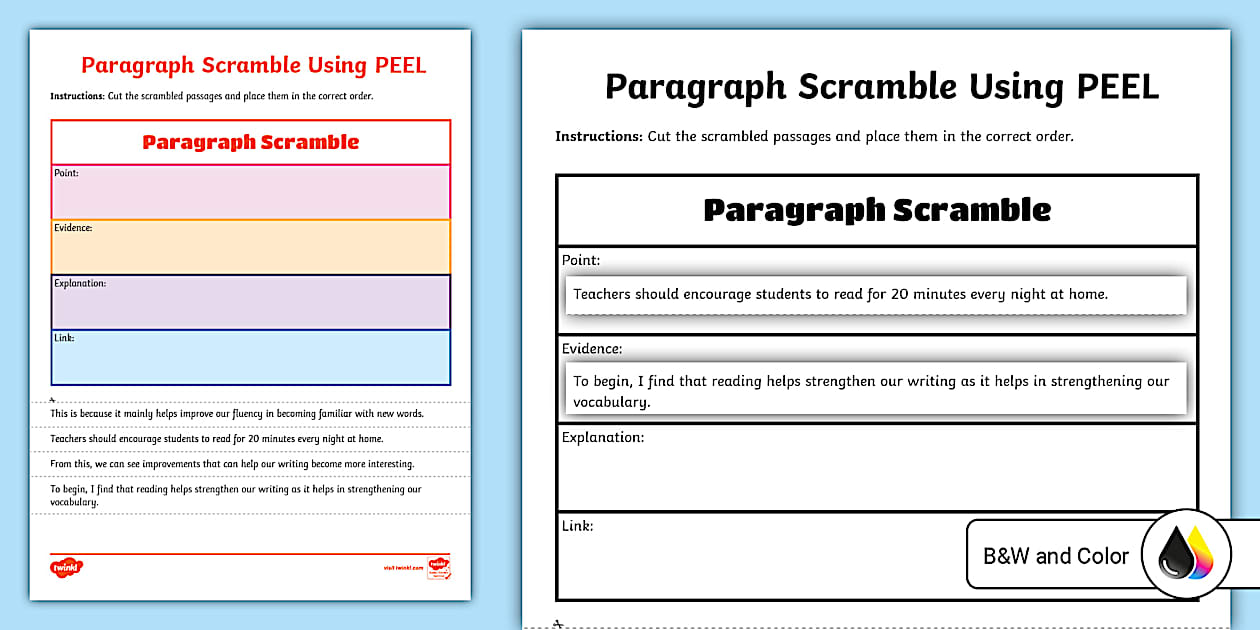 Sixth Grade Paragraph Scramble Using PEEL Worksheet - Twinkl