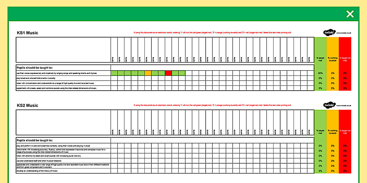Editable KS1/KS2 Music - Curriculum Assessment Spreadsheet