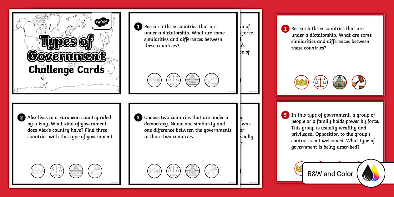 Types of Government Challenge Cards for 6th-8th Grade