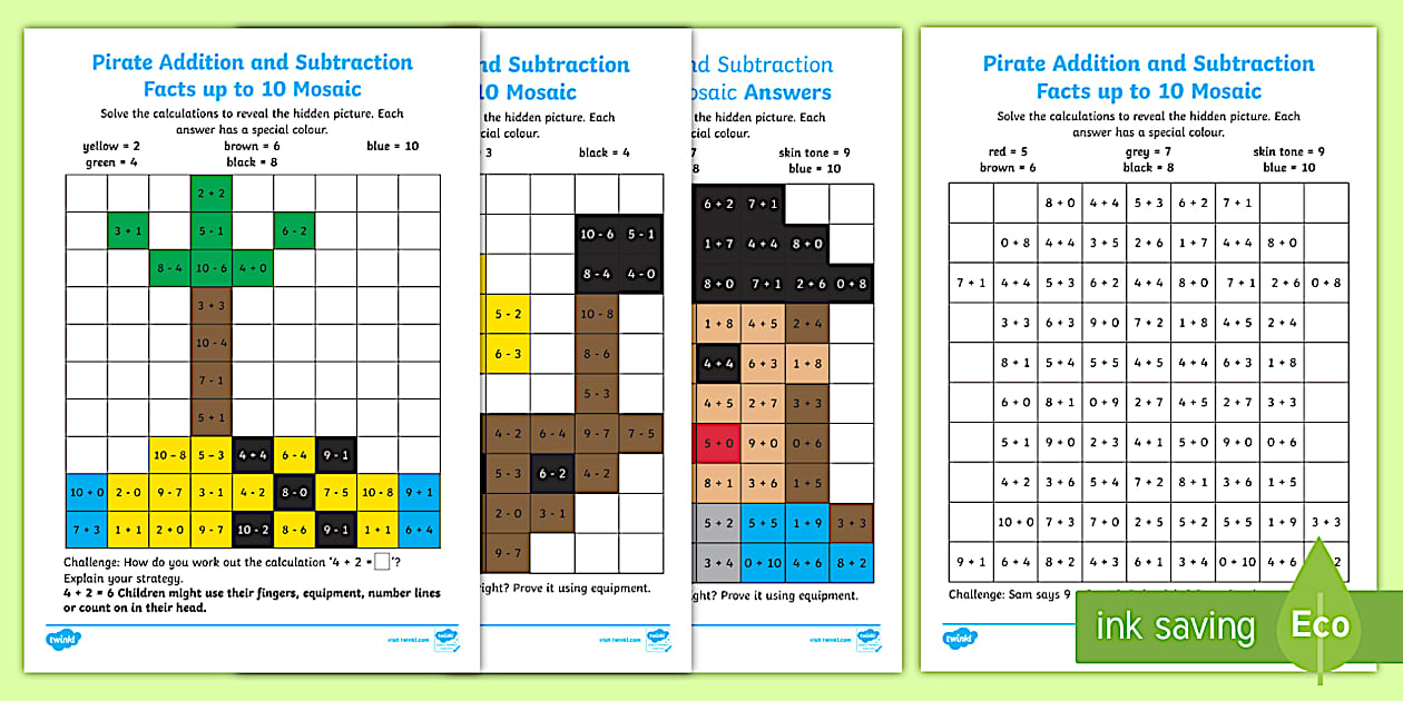 Kindergarten Pirate Addition and Subtraction Facts up to 10 Maths Mosaics