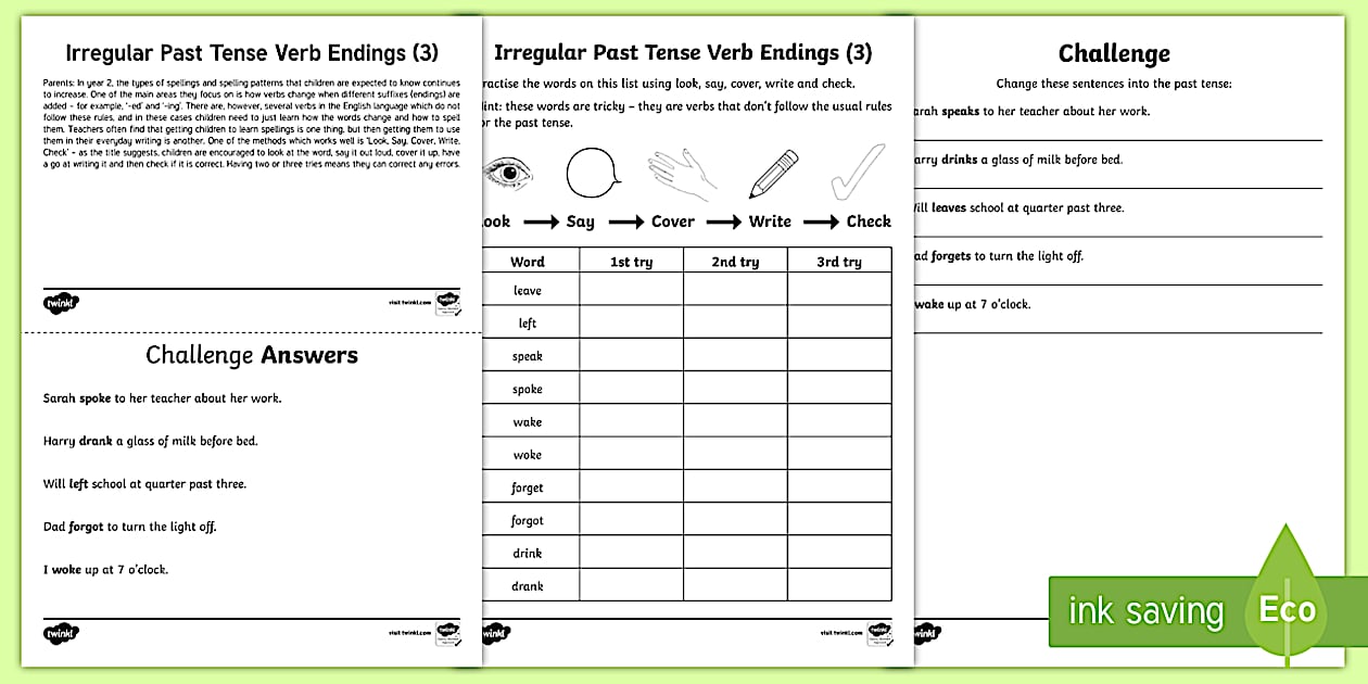 Year 2 Irregular Past Tense Verb Endings Worksheet - Twinkl