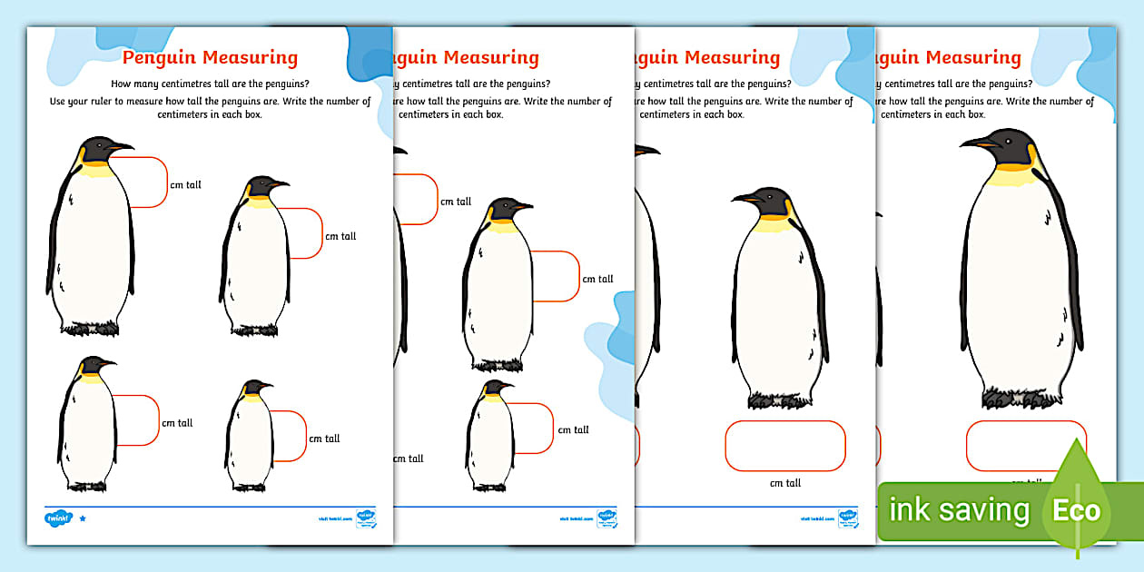 Black and White Penguin Measuring in Centimeters Differentiated Worksheets