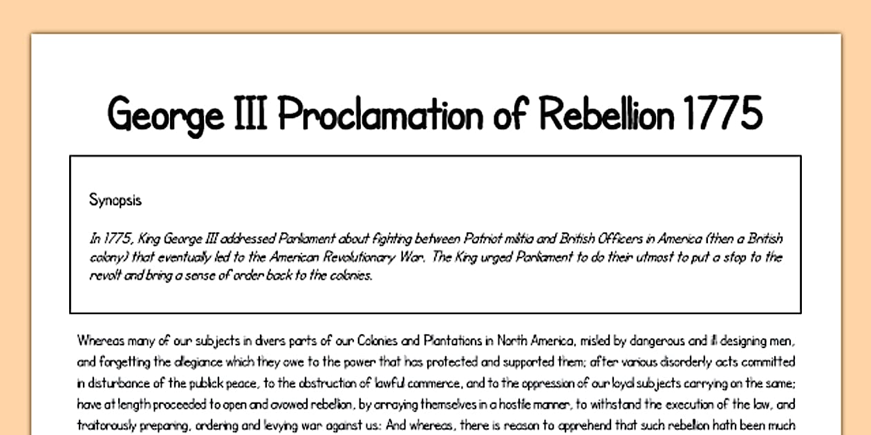 George III Proclamation of Rebellion 1775 Print Out - Twinkl