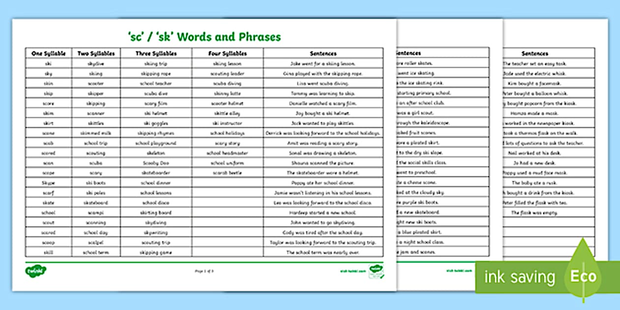 sc/sk Word List (Teacher-Made) - Twinkl