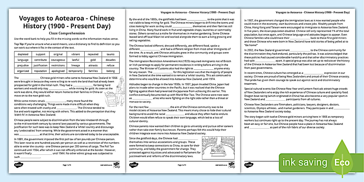 Voyages to Aotearoa - Chinese History - Cloze Comprehension