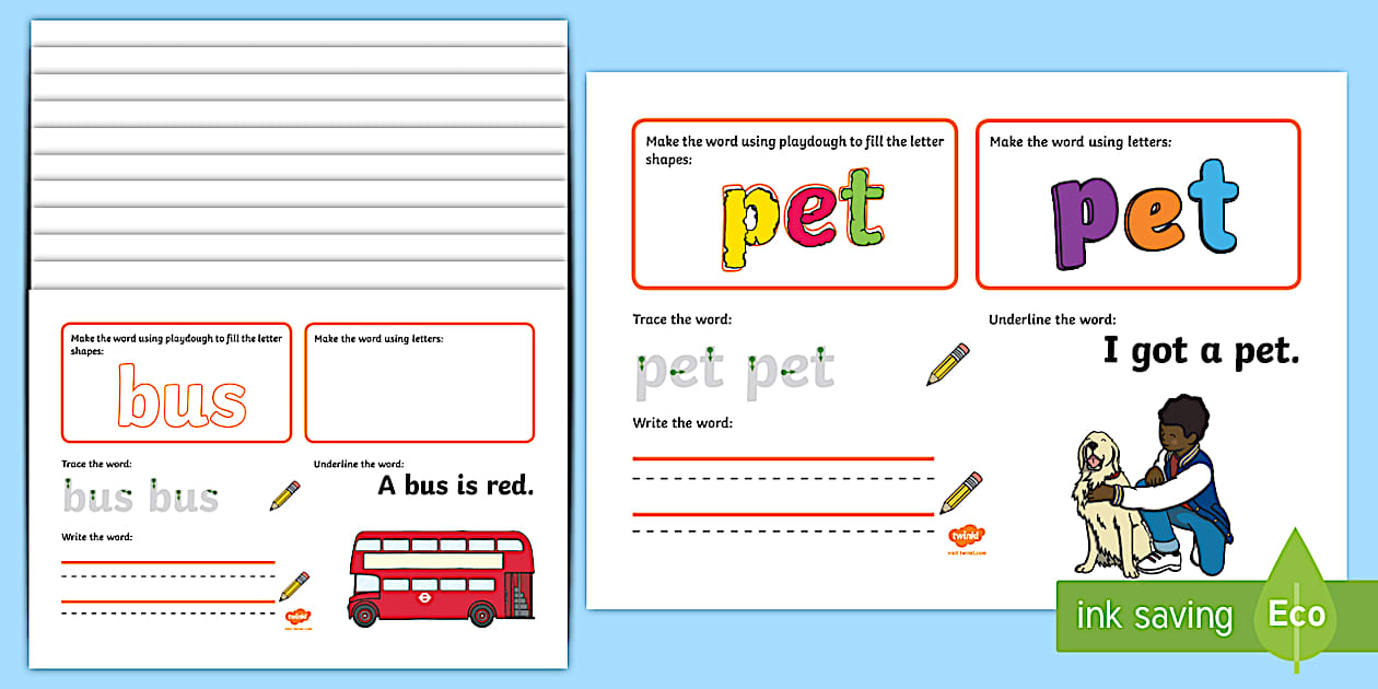 Precursive Phase 2 Phonics CVC Words Activity Mats - Twinkl