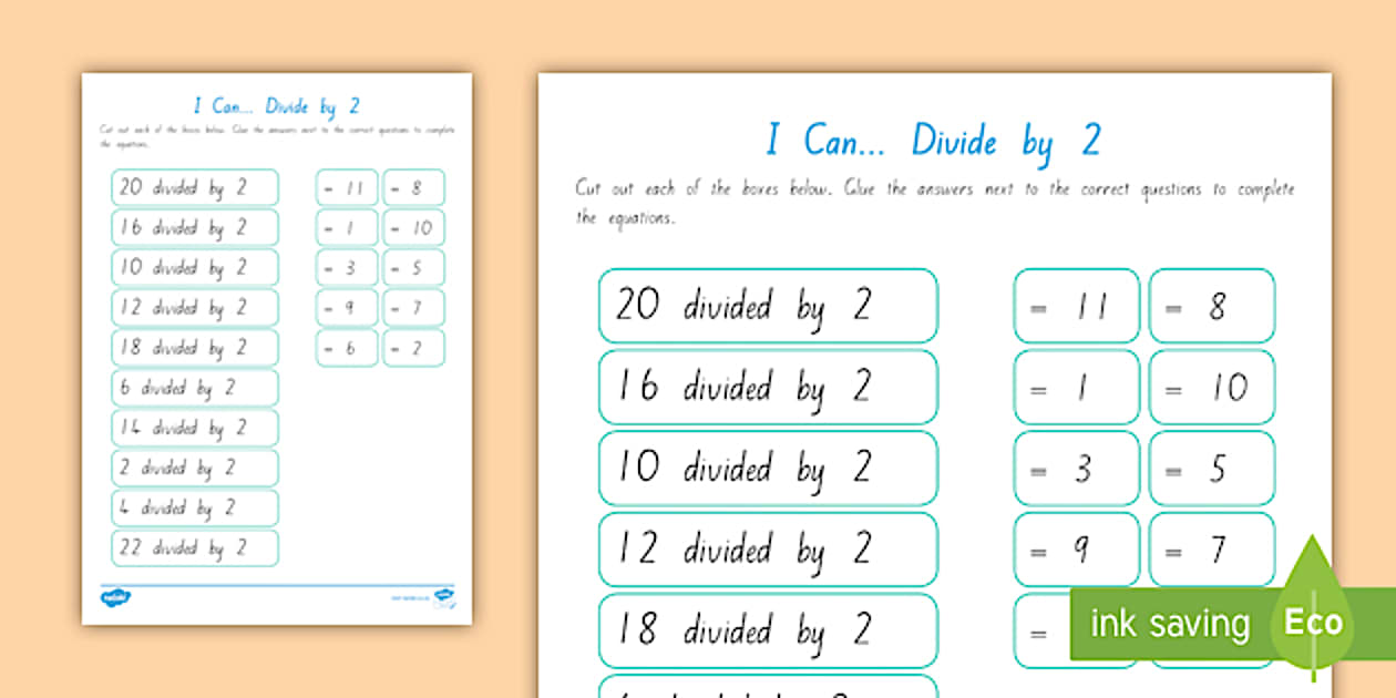 Editable I Can Divide by 2 Cut and Match Worksheet - Twinkl