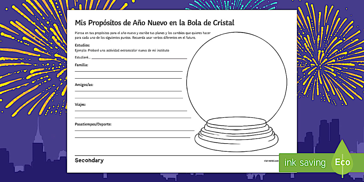New Year's Resolutions Crystal Ball Writing Worksheet / Worksheet Spanish