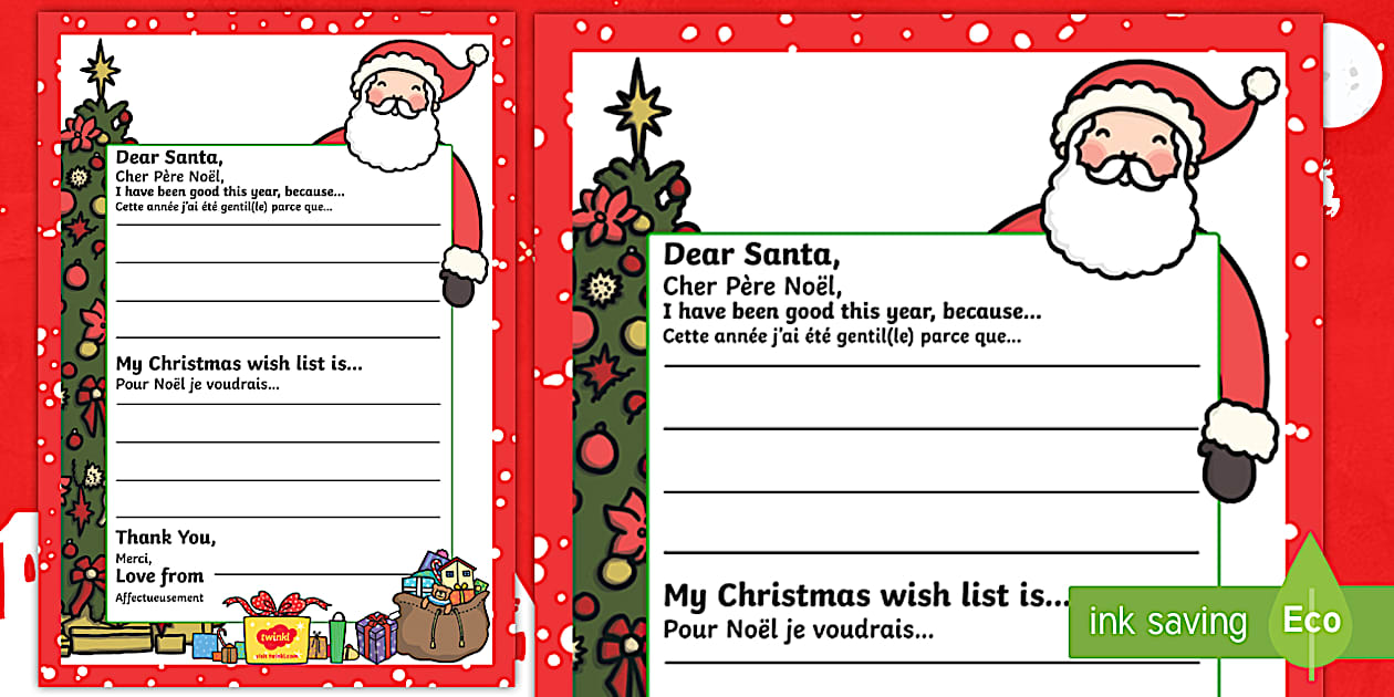 My Christmas Wish Letter to Santa Writing Template English/French - Father