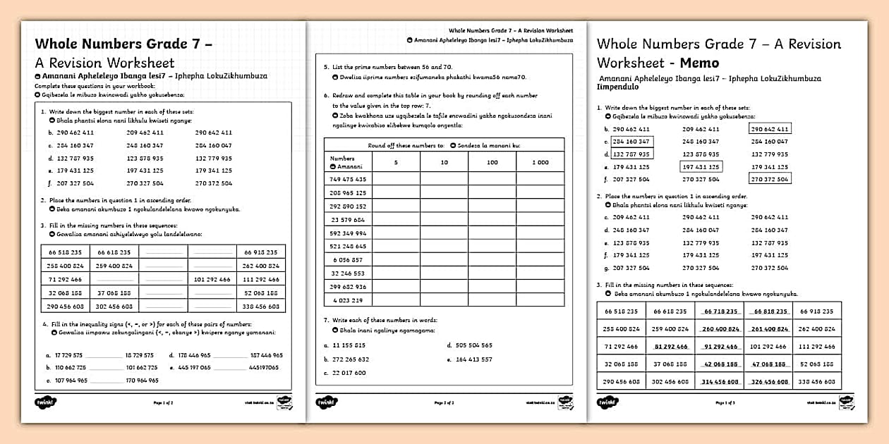 Whole Numbers – A Revision Worksheet IsiXhosa