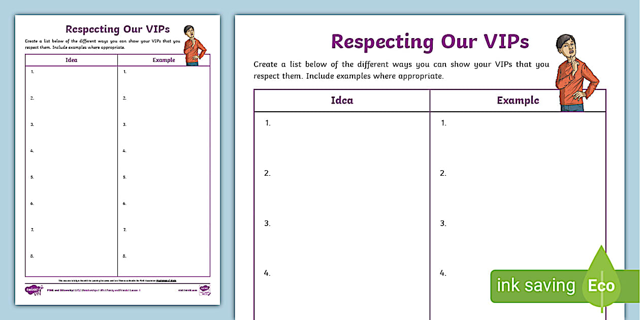 Respecting Our VIPs - PSHE and Citizenship Activity Sheet