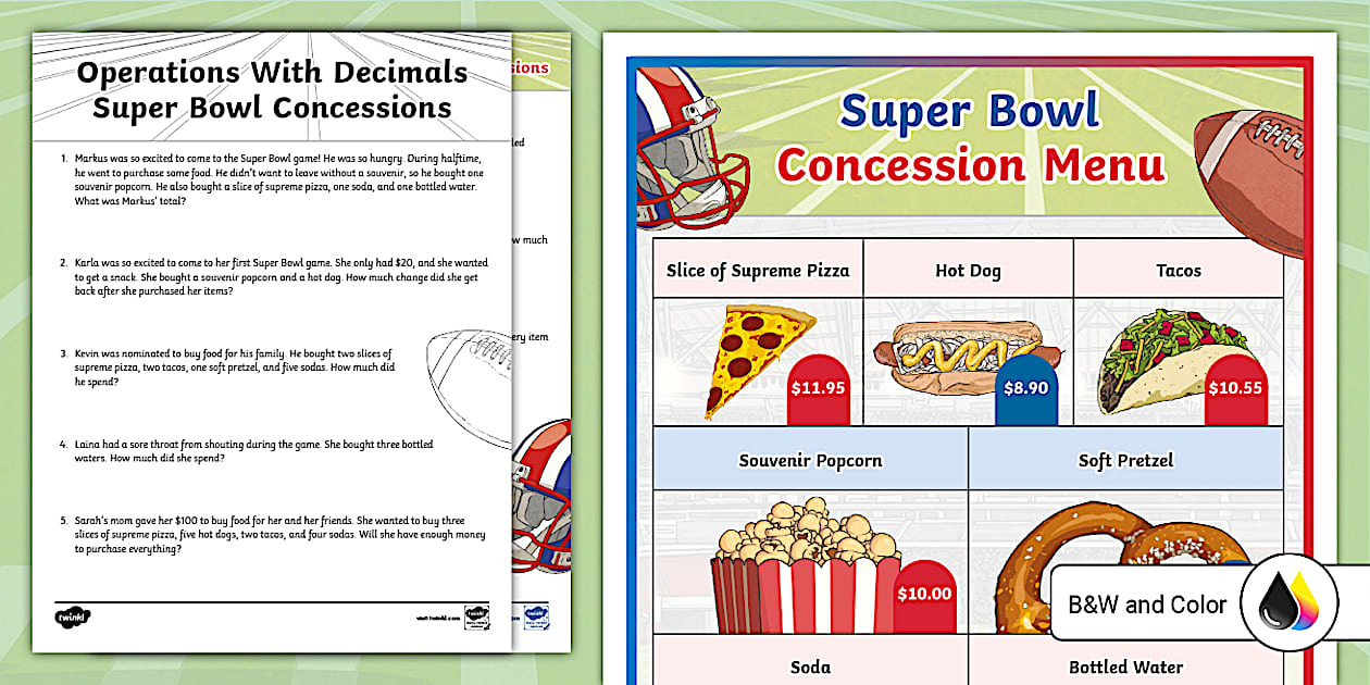 Sixth Grade Operations With Decimals Super Bowl Concessions Worksheet