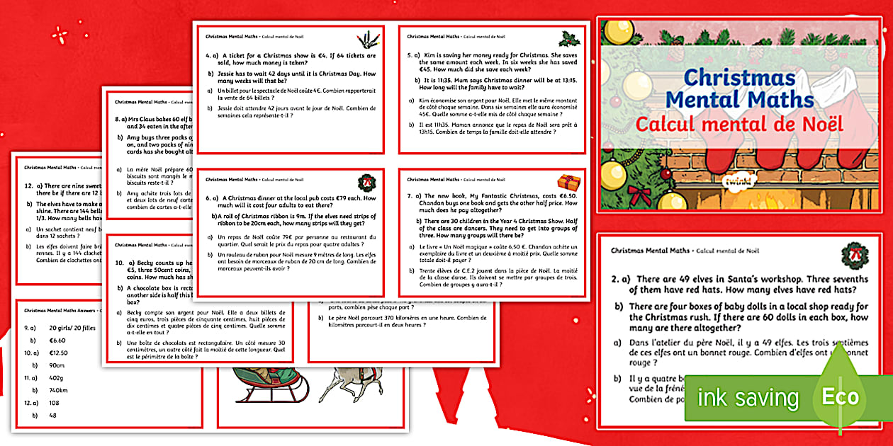 Christmas Mental Maths Challenge Cards English/French