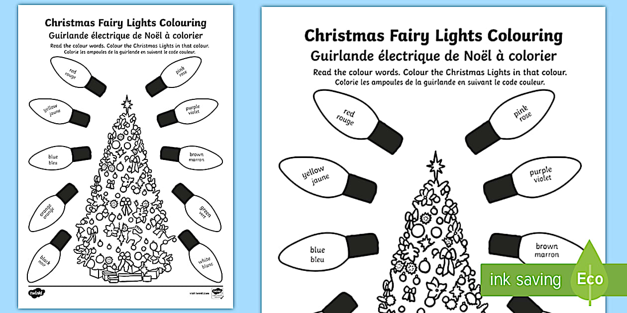 Editable Christmas Fairy Lights Colouring Page English/French