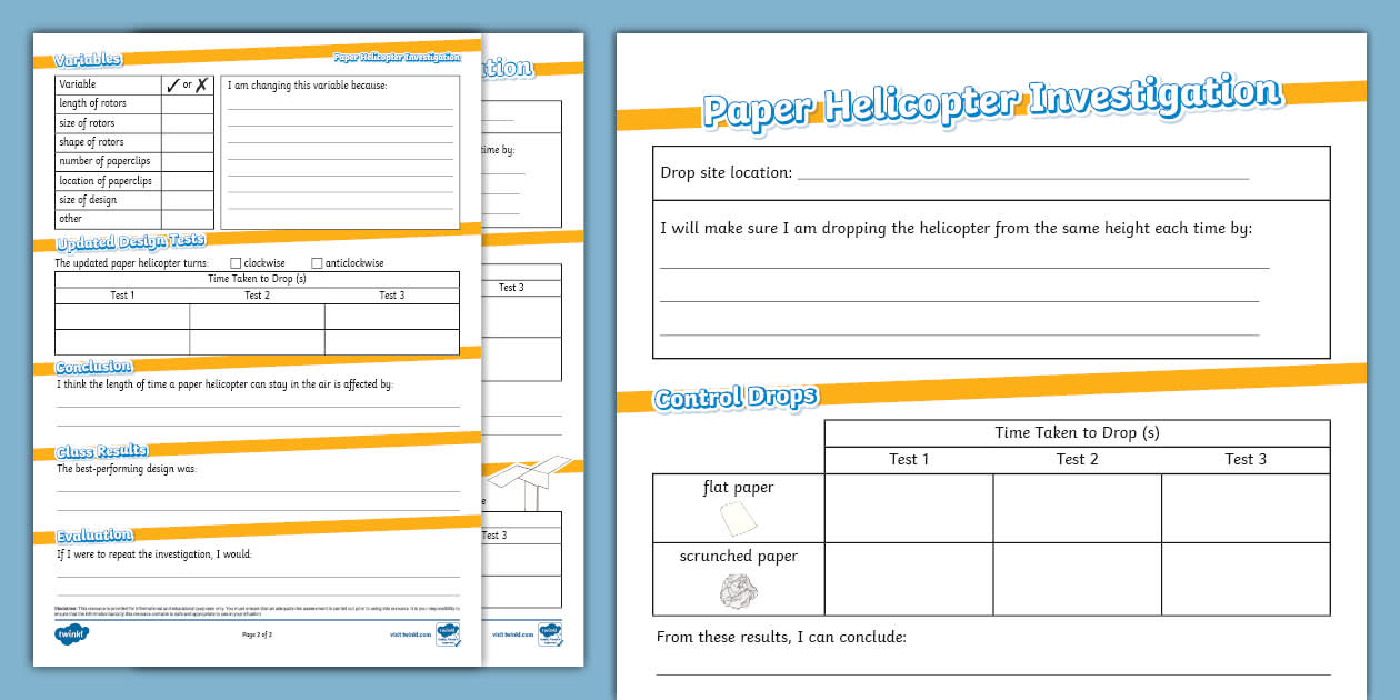 Investigating Paper Helicopters Record Sheet - Twinkl - KS2