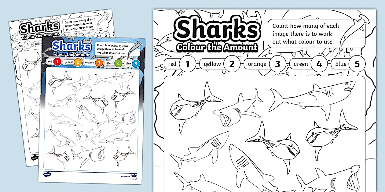 👉 Sharks Colour the Amount Worksheet - Twinkl